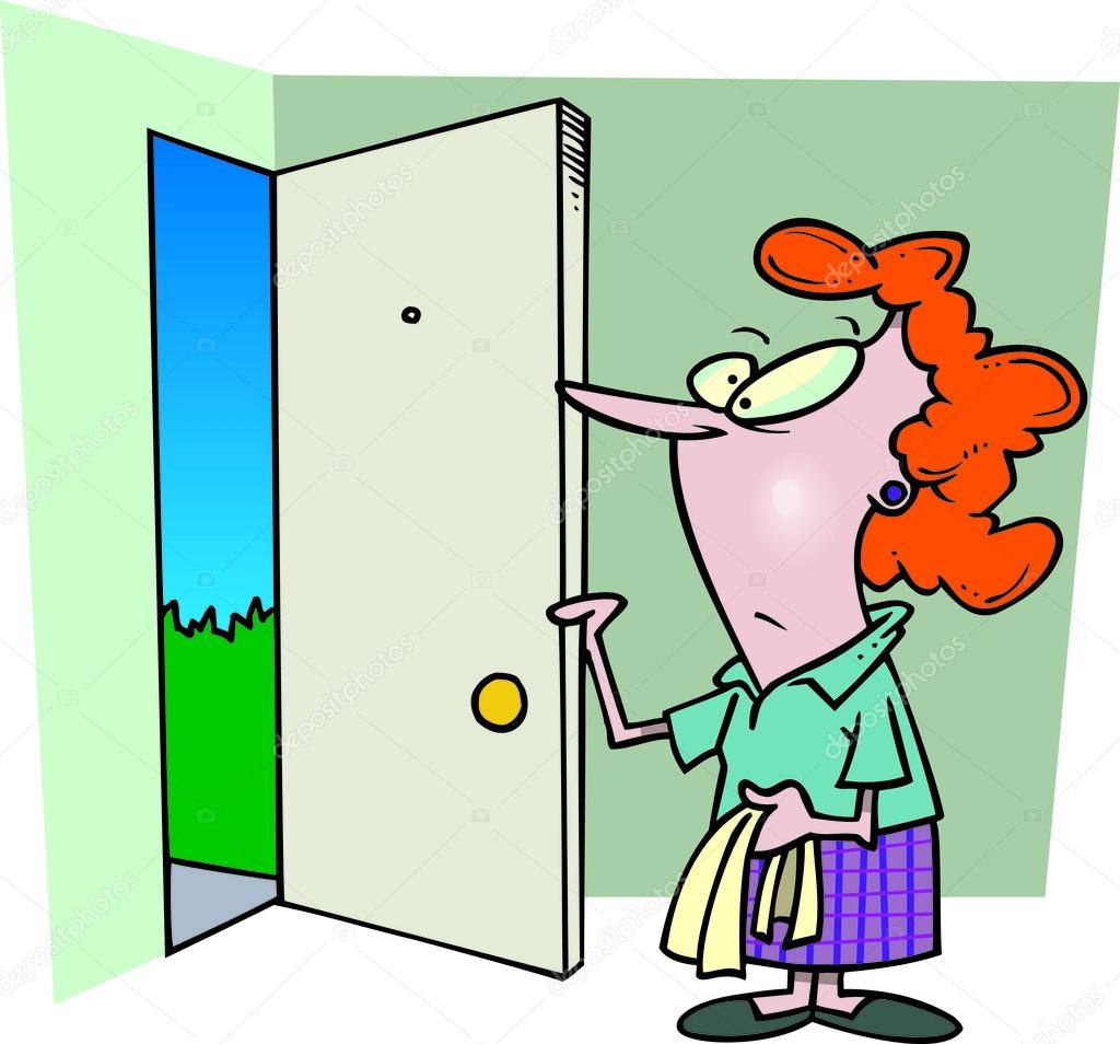 Mujer De Dibujos Animados Respondiendo A La Puerta Vector De Stock Por
