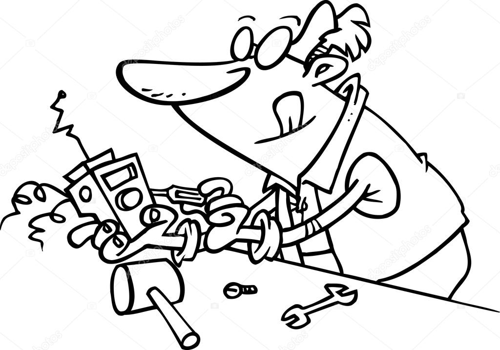 Cartoon Man Tinkering With An Electronic Device — Stock Vector ...