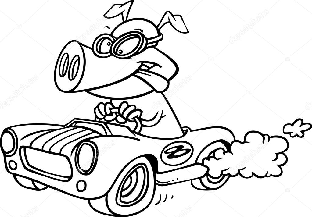 Illustration of a pig racing a hot rod black and white outline, on a ...