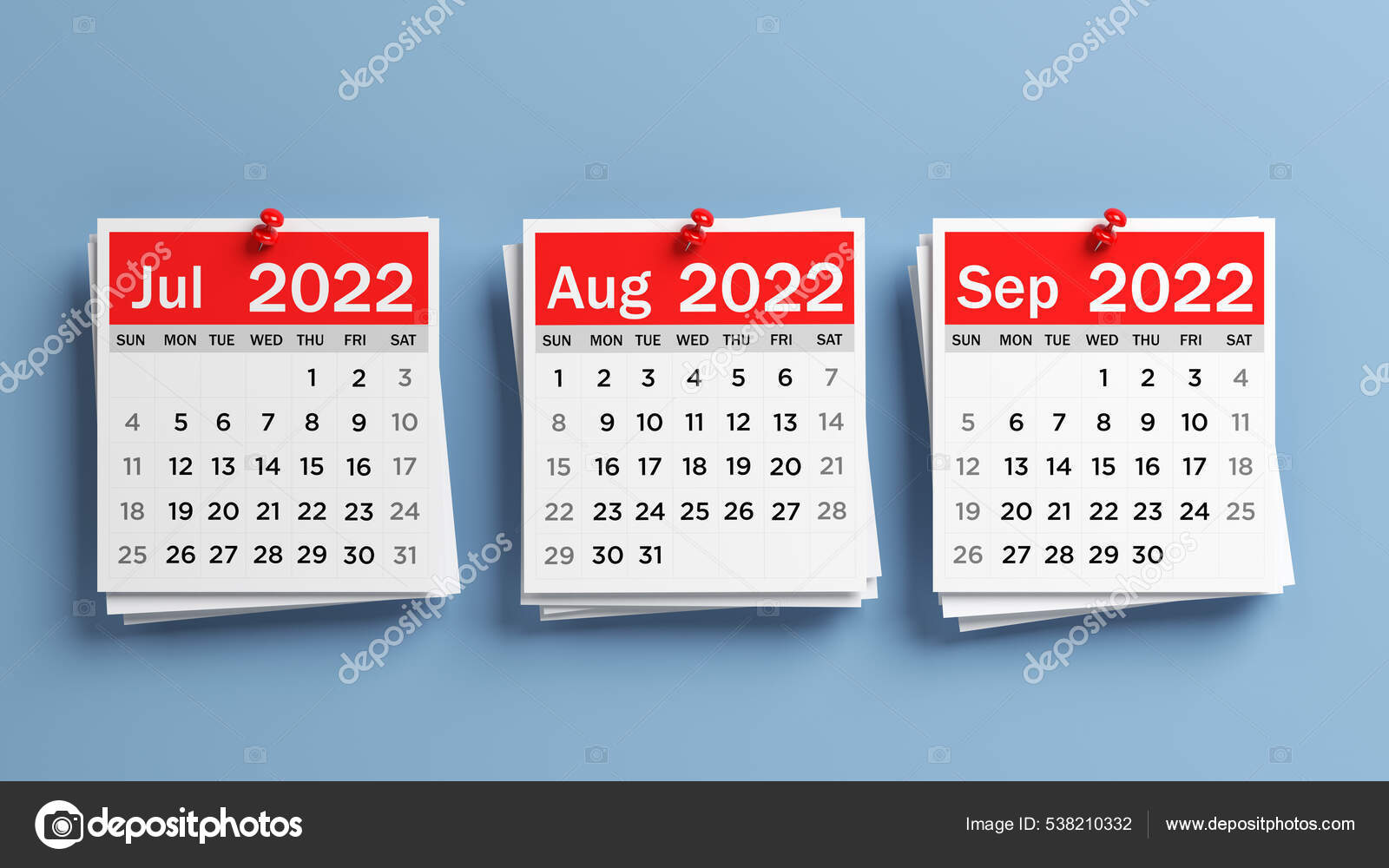 Red White Colored 2022 July August September Calendar Pages Blue ...