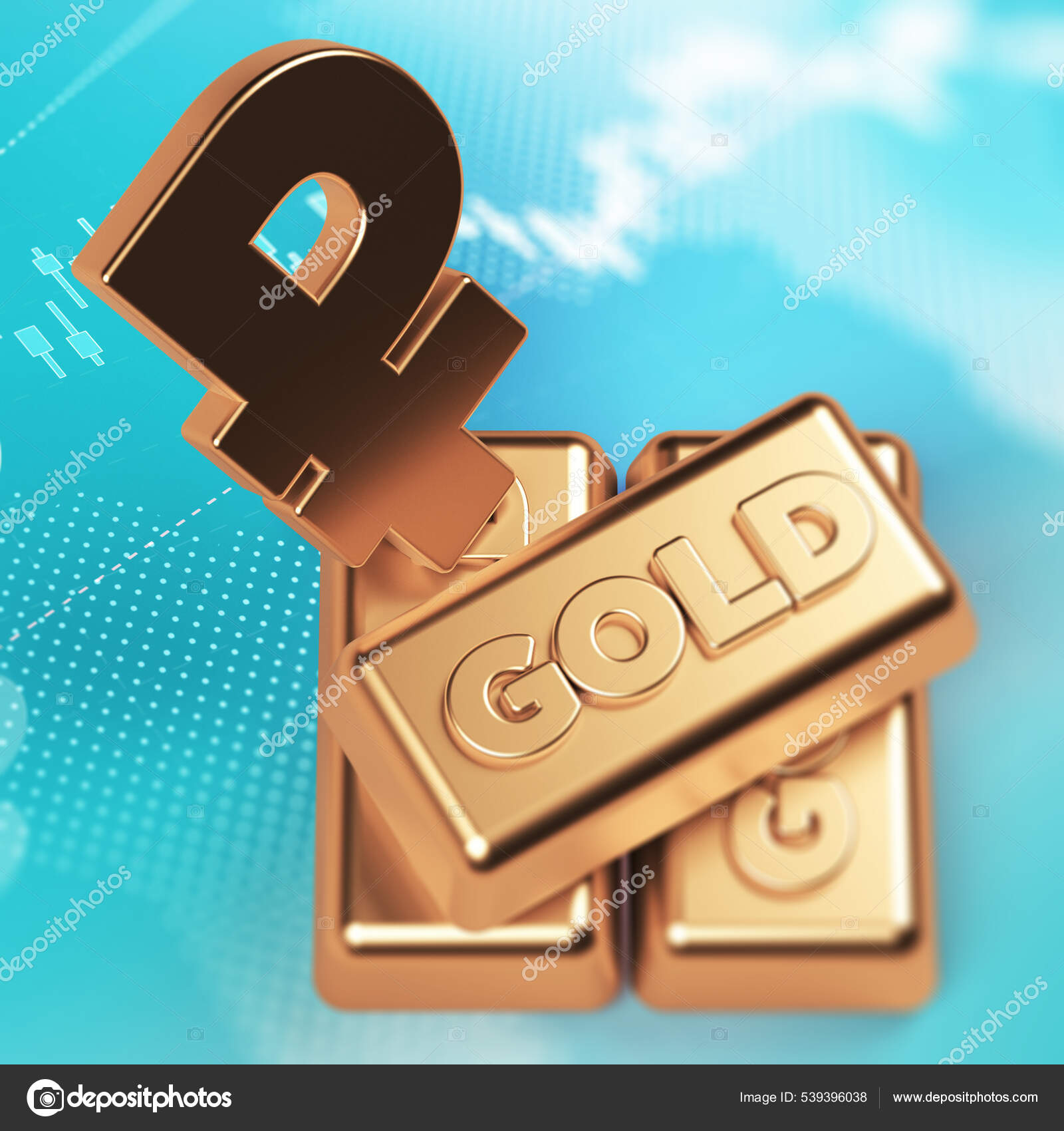 Gold Colored Ruble Symbol Gold Ingots Blue Colored Finance Screen ...