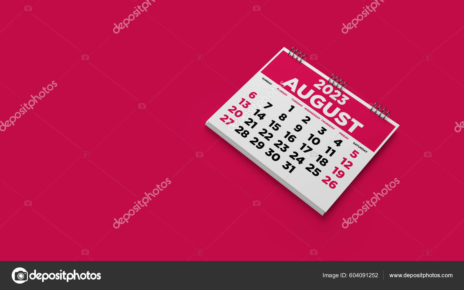 2023 August Calendar Red Color Background Horizontal Composition ...