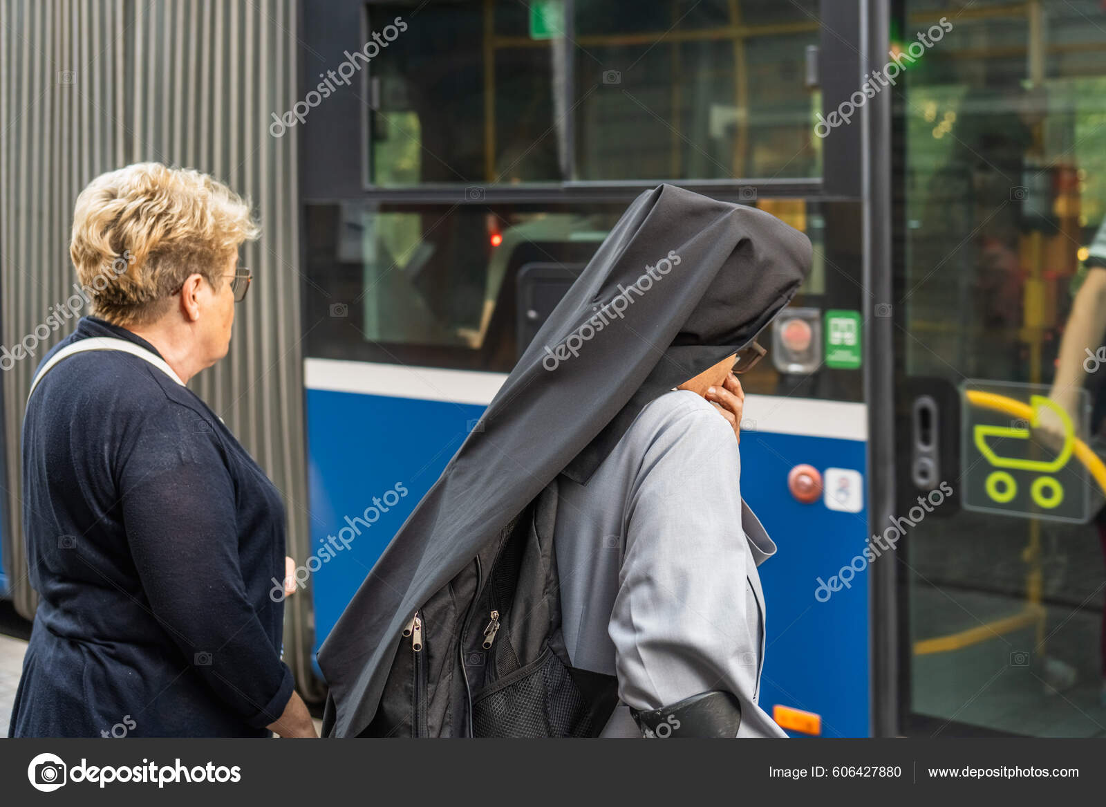 Catholic Nun Monastic Clothes Stands Thoughtfully Door City Bus Public ...