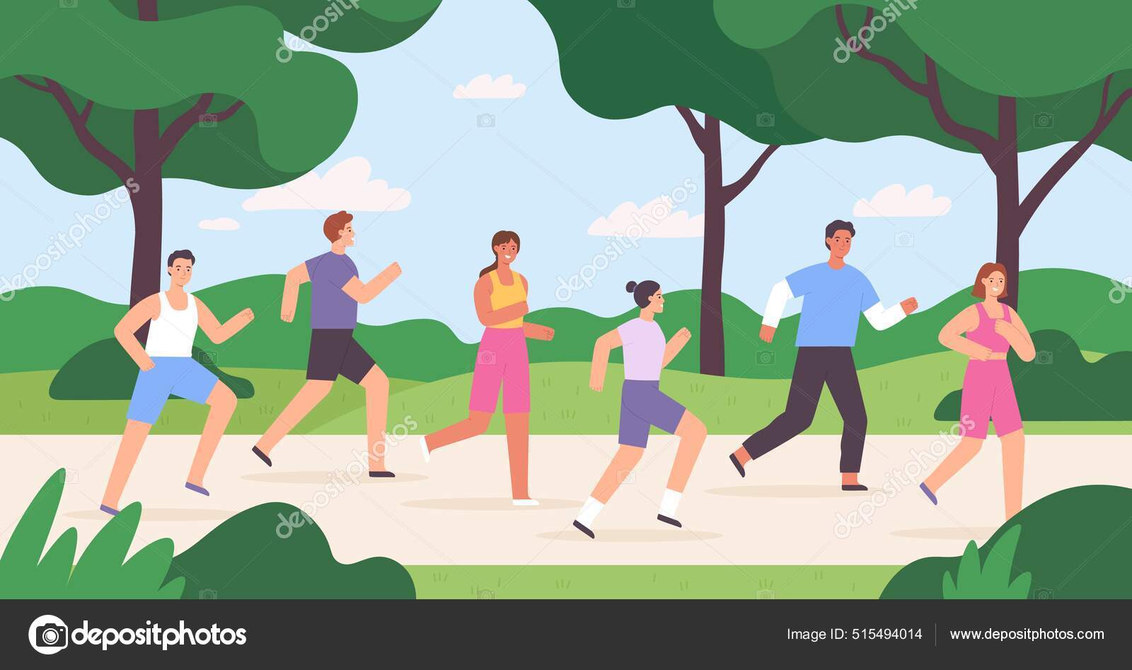 Cartoon group of people jogging in city park, race competition. Outdoor ...