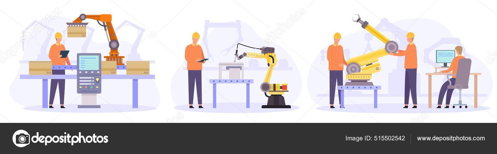 Engineers control, check and repair automated robot arms. Flat smart ...