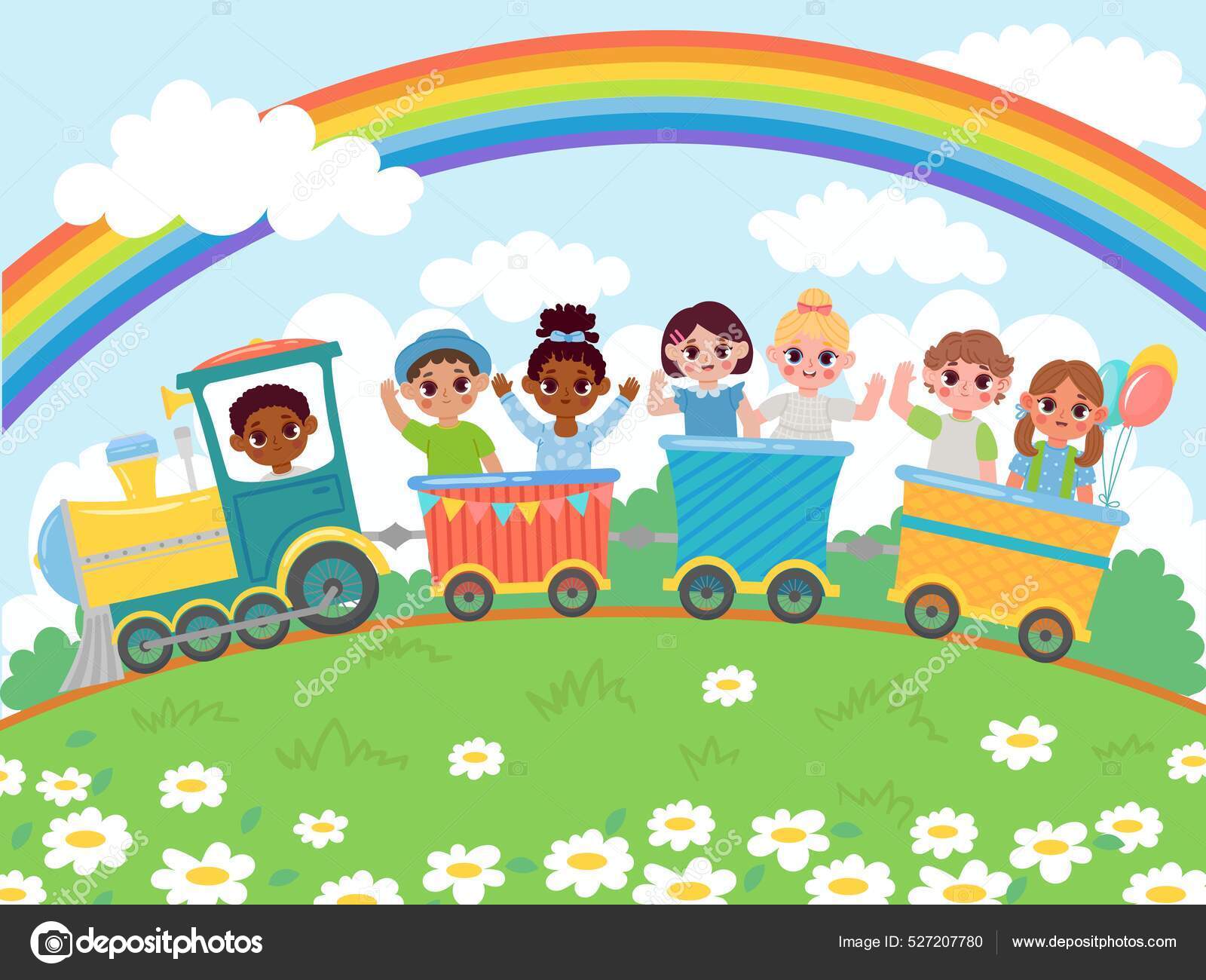 Jardim de infância dos desenhos animados crianças felizes passeio no ...