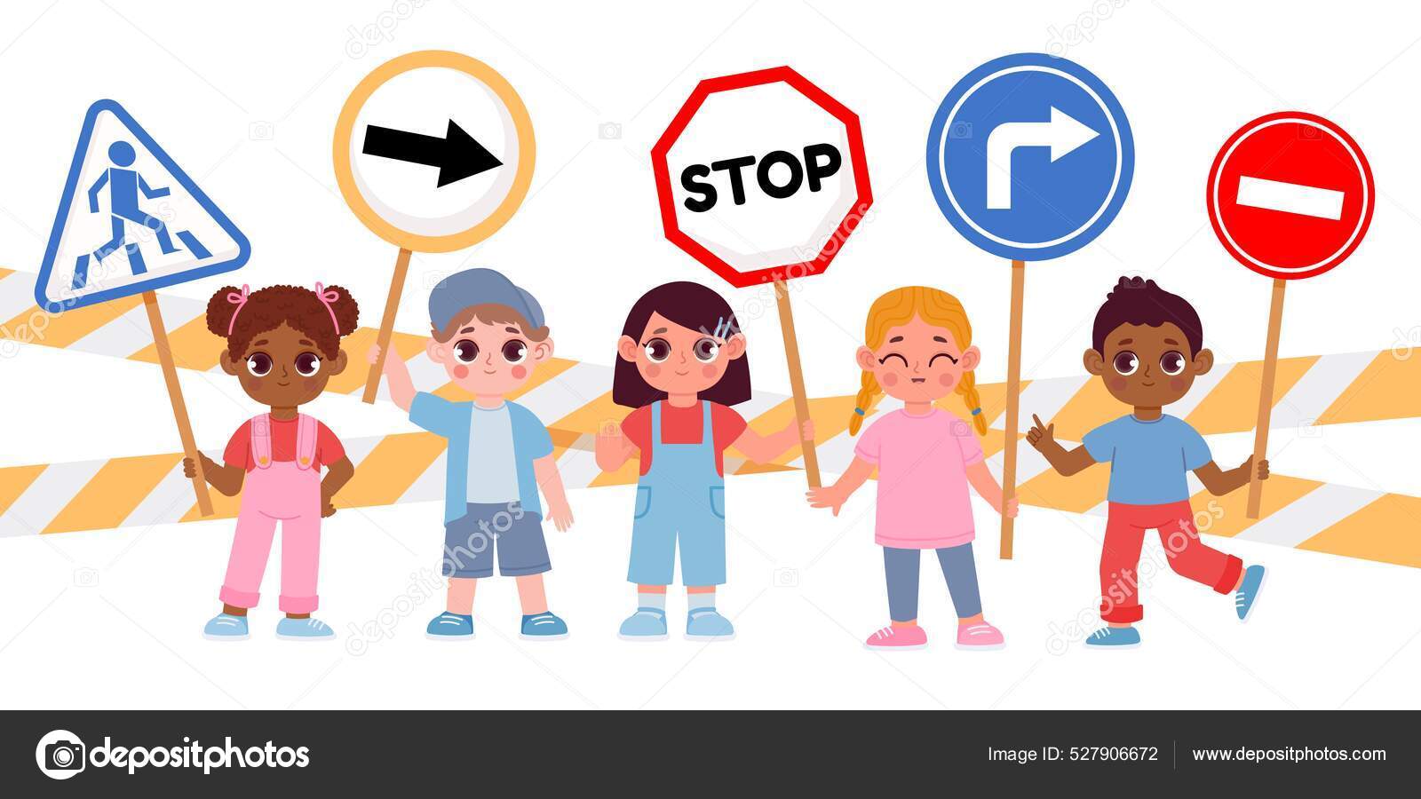 Grupo de niños sosteniendo señales de stop road, precaución para los ...