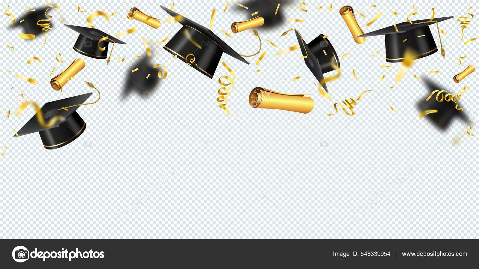Realistic Background Flying Graduation Caps Gold Confetti Diploma ...