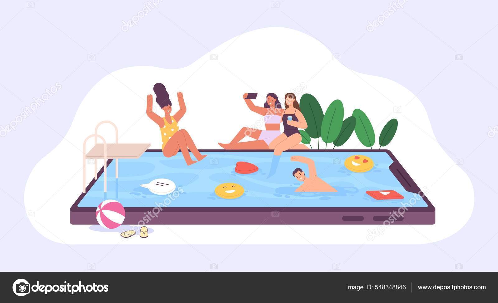 Social Media Concept People Swim Phone Pool Smartphone Influence Online ...