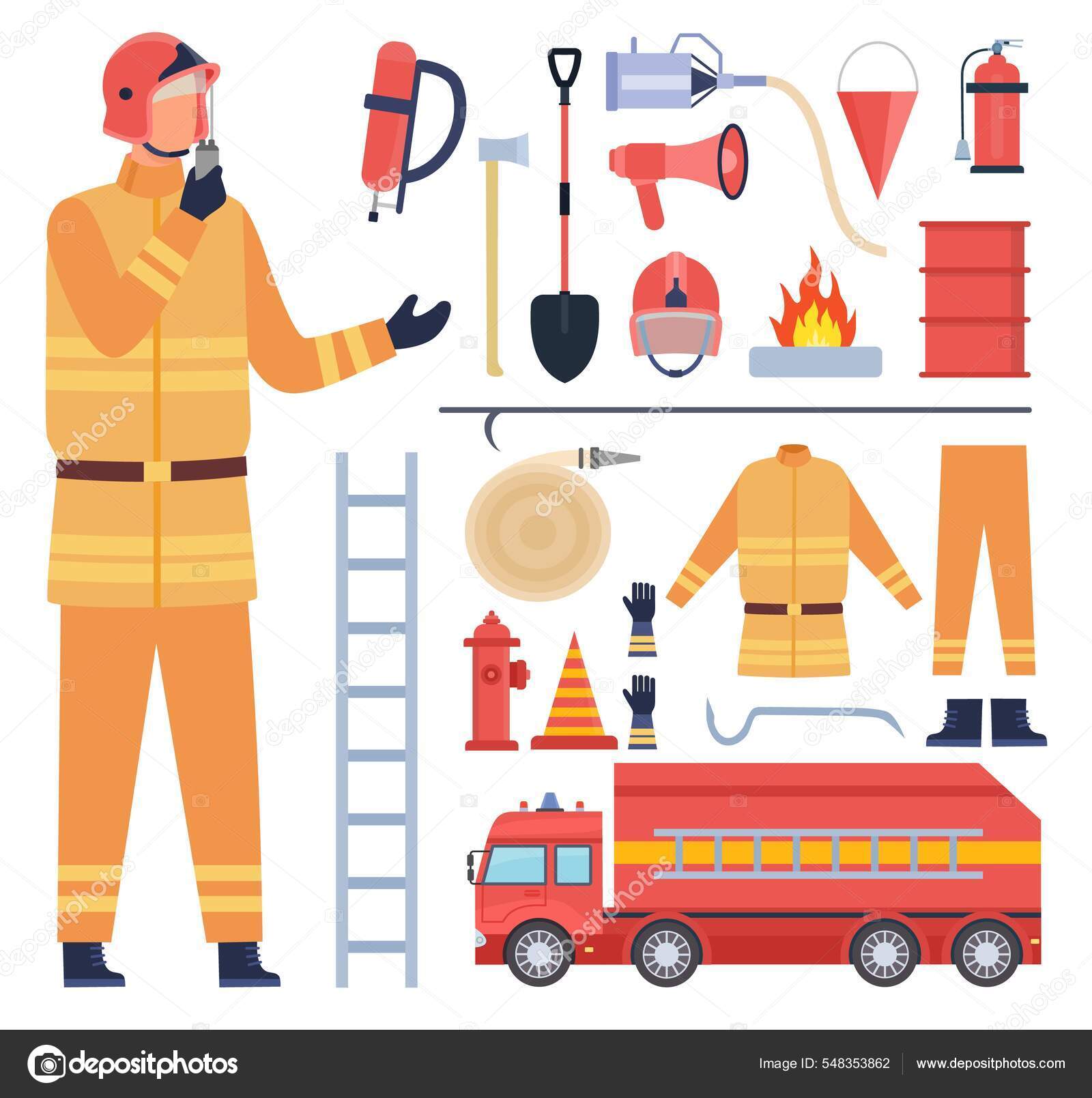 Personaje Bombero Dibujos Animados Uniforme Equipo Bomberos Herramientas Manguera Agua Vector de ...