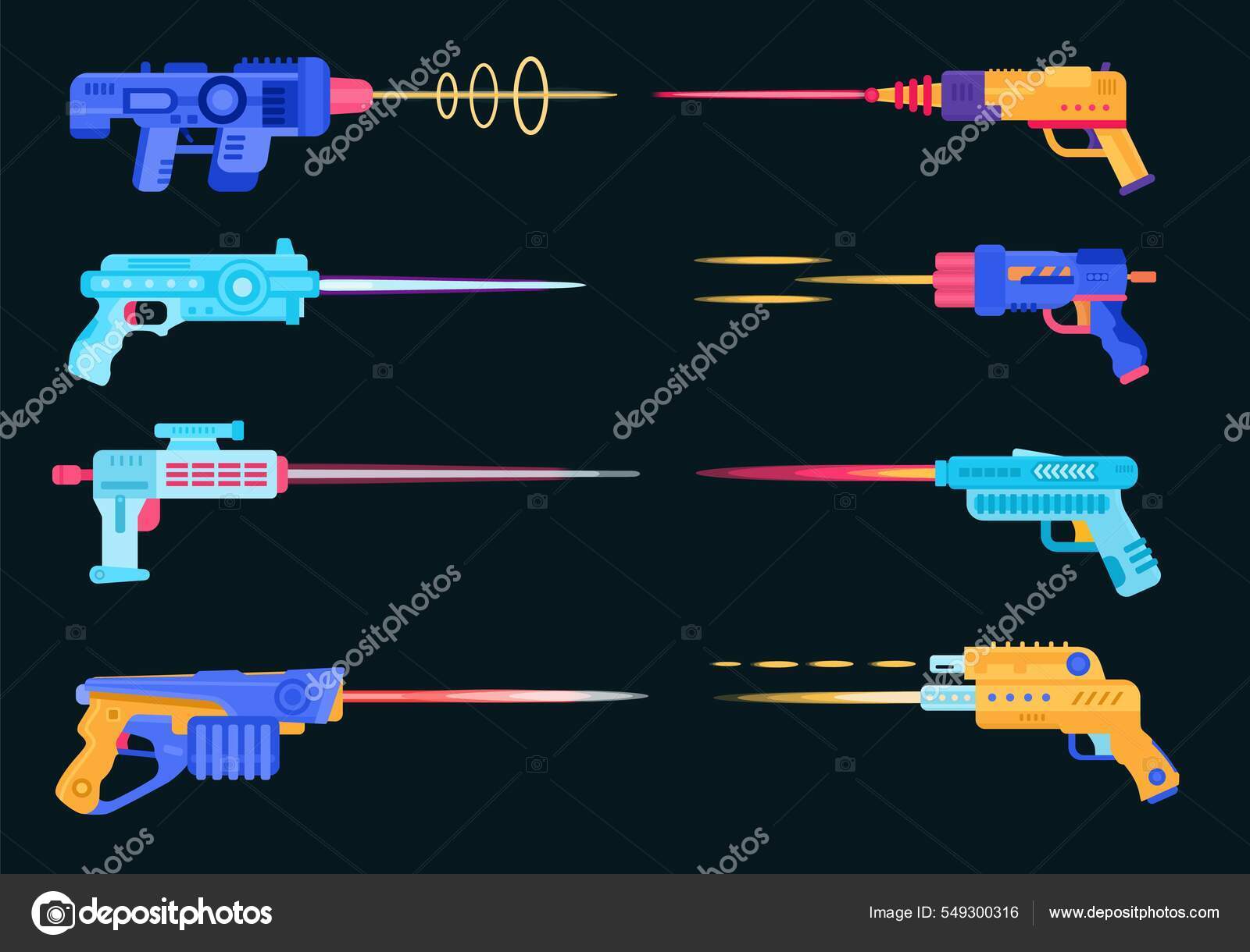 Cartoon alien space blasters shoot lasers and beams. Toy gun fight with ...