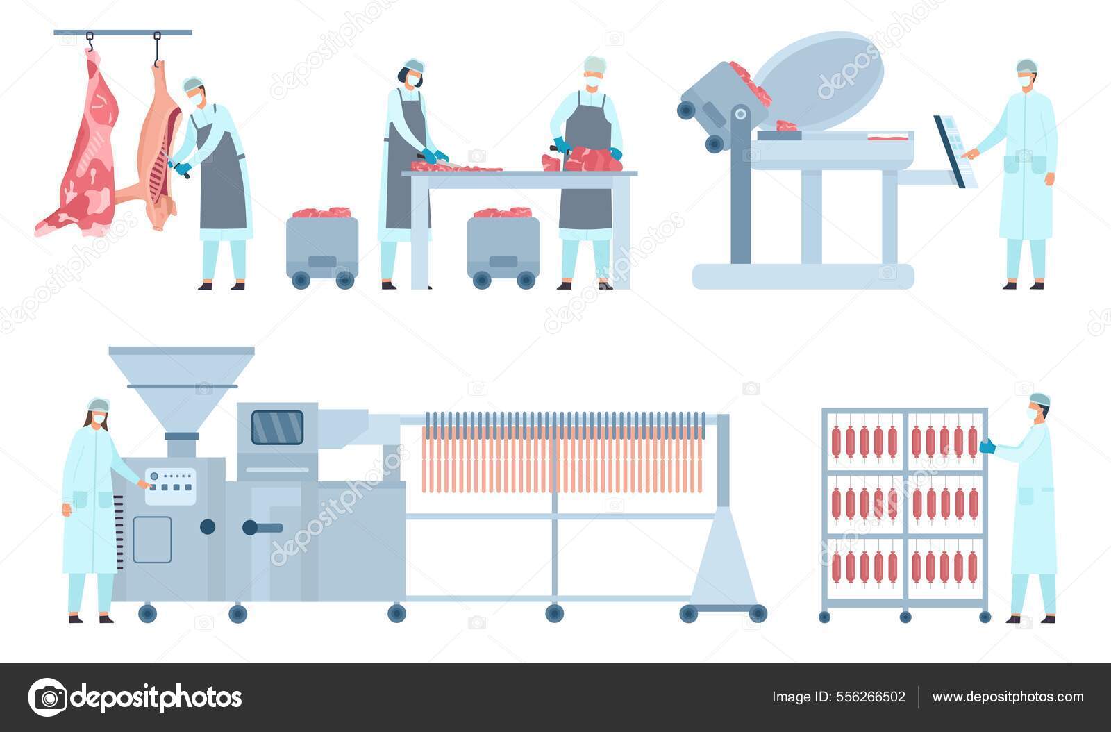 Embutidos de carne etapas del proceso de producción en fábrica con los ...