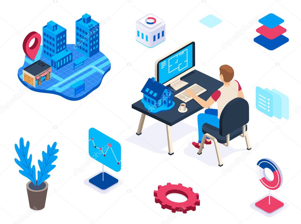 Iconos de simulaciones. Hombre personaje sentado en el ordenador de ...