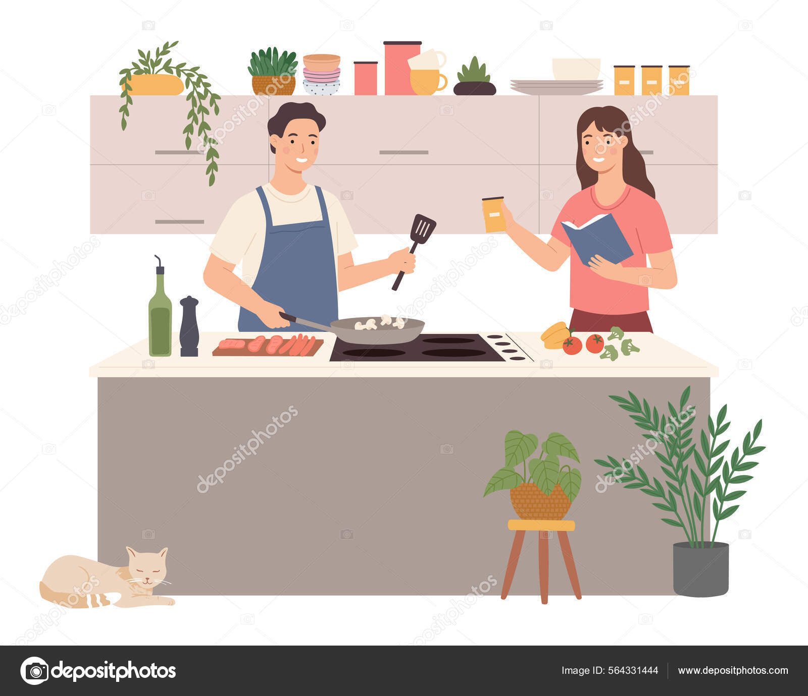 Woman Cooking At Home Cartoon