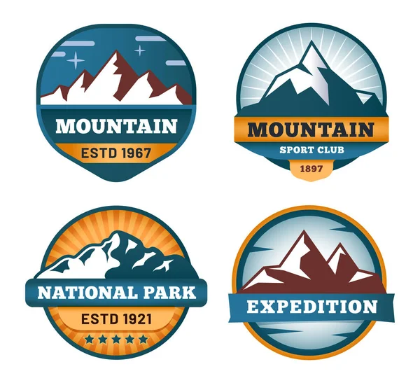 Mountain labels. Snowy rock tops, outdoor adventure emblems. Sport club ...