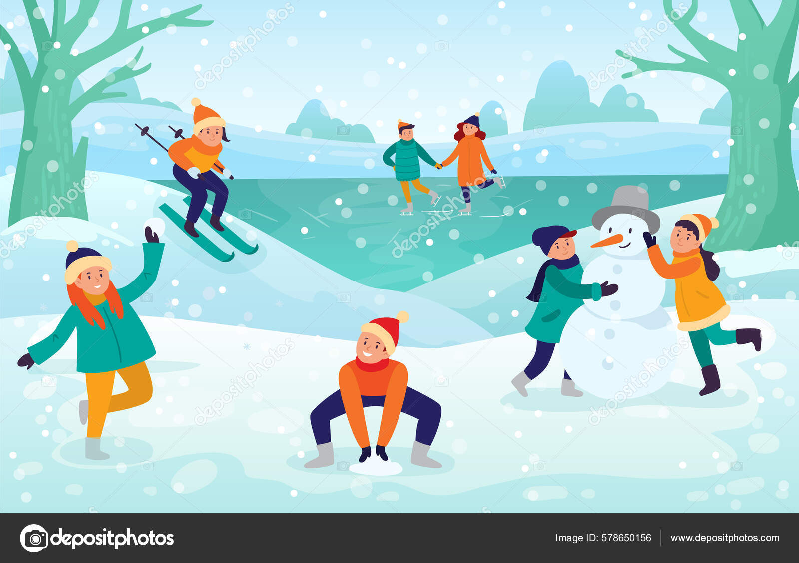 Winter Kids Activities Snow Fight Ski Vector Winter Activity Fight ...