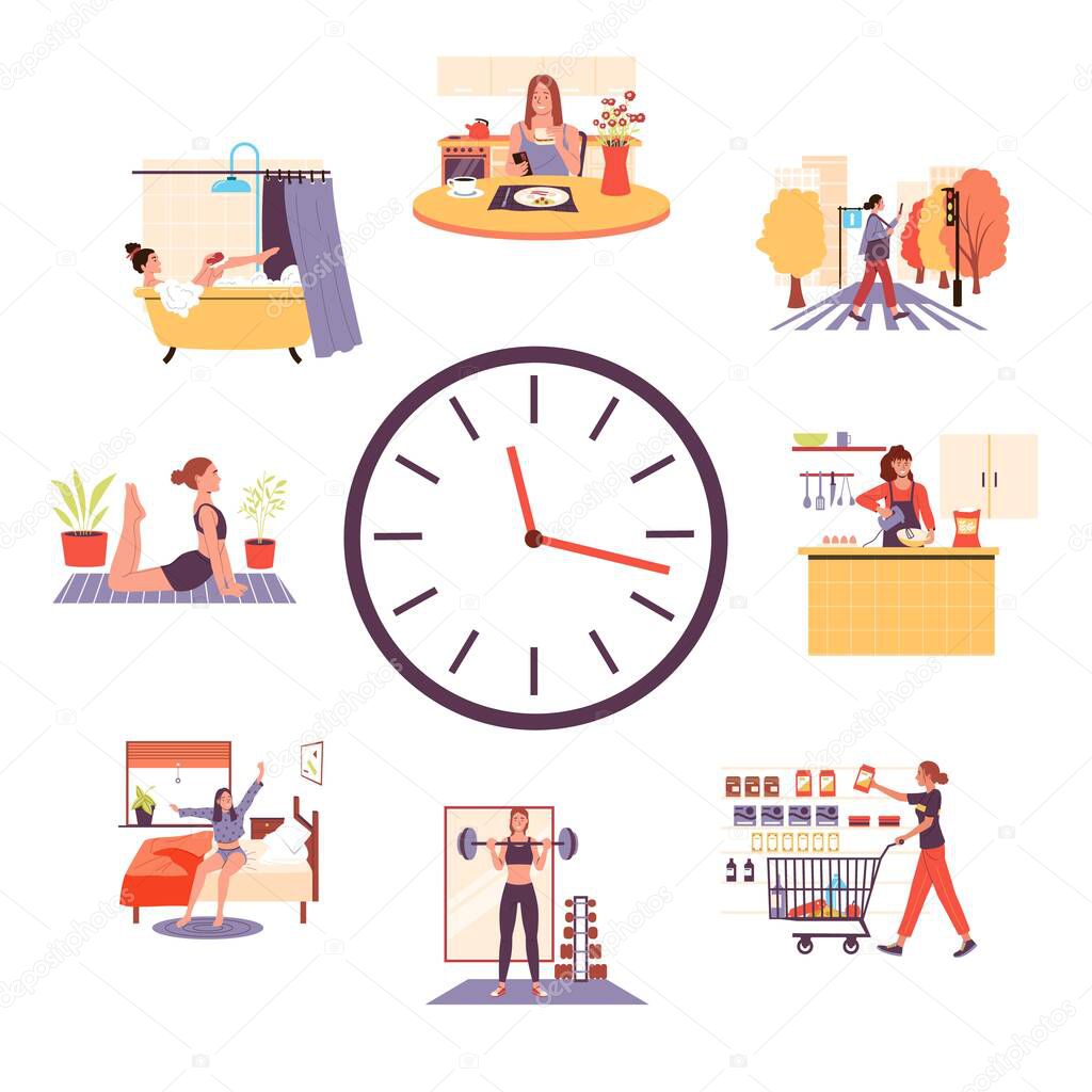 Woman routine on clock. Cartoon girl activities during daytime, female ...