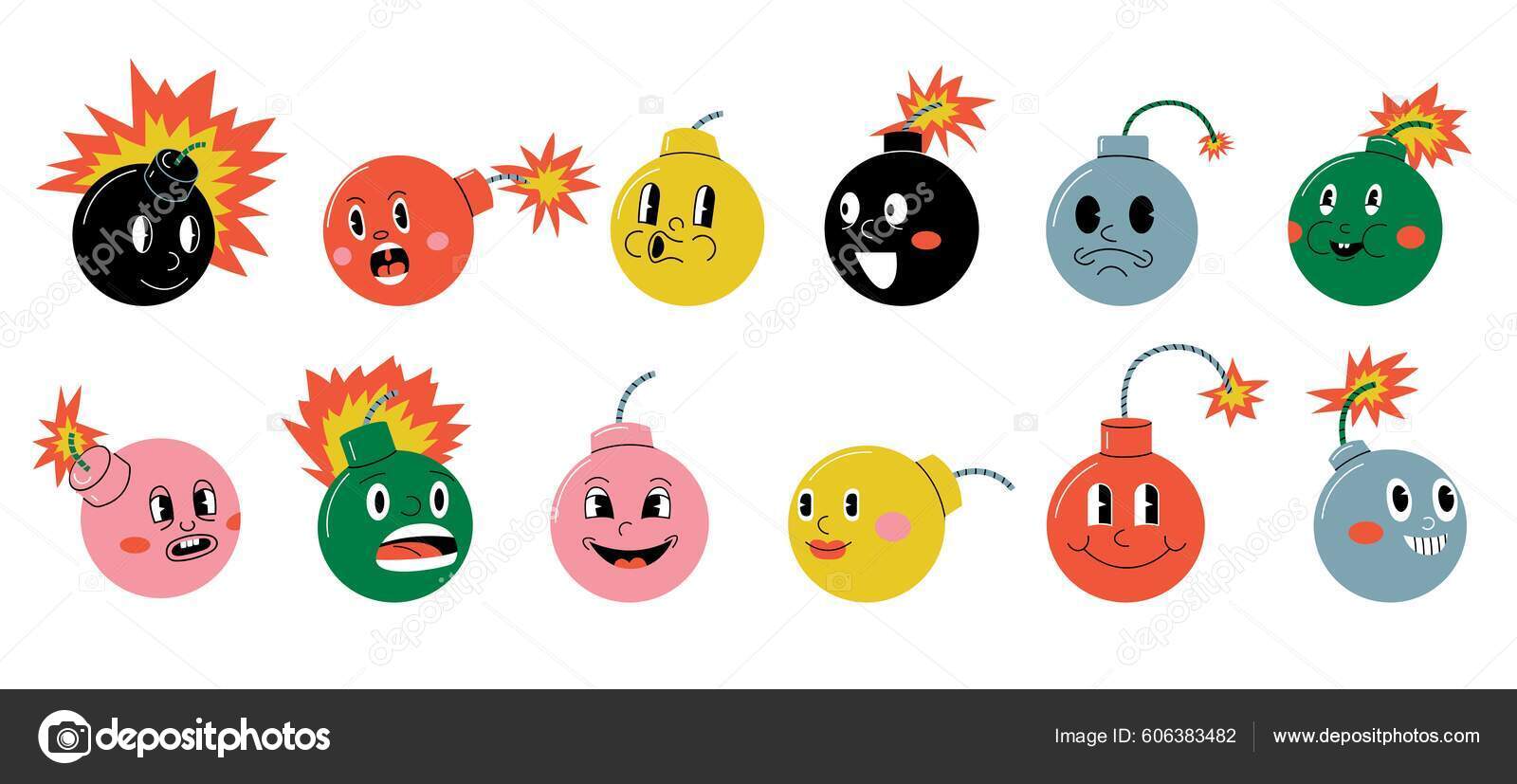 Bomb Character Doodle Explosive Weapon Mascot Funny Retro Cartoon Faces ...