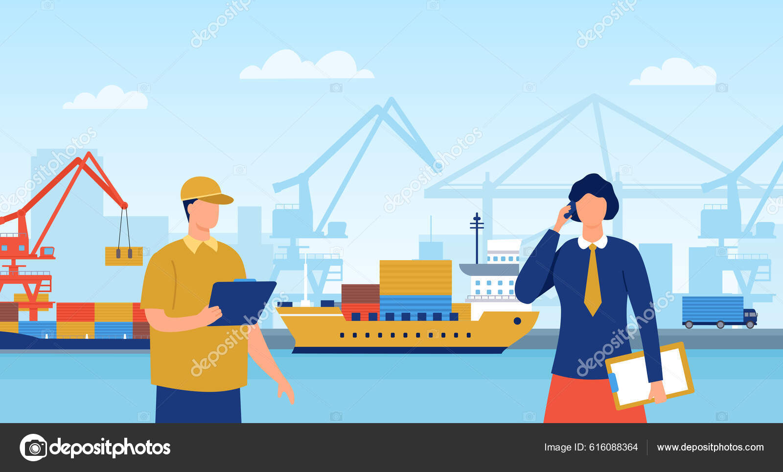 Cargo Ship Transportations Container Shipping Cartoon Workers ...
