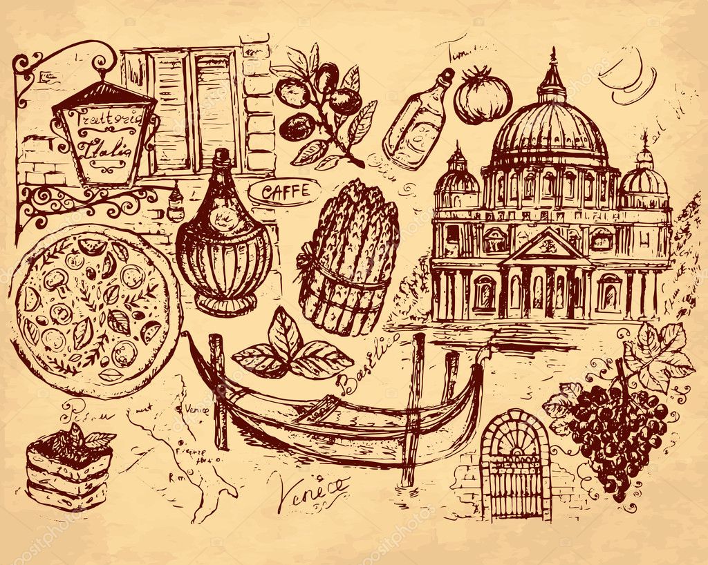 Vector hand drawn illustration with Italian symbols — Stock Vector ...