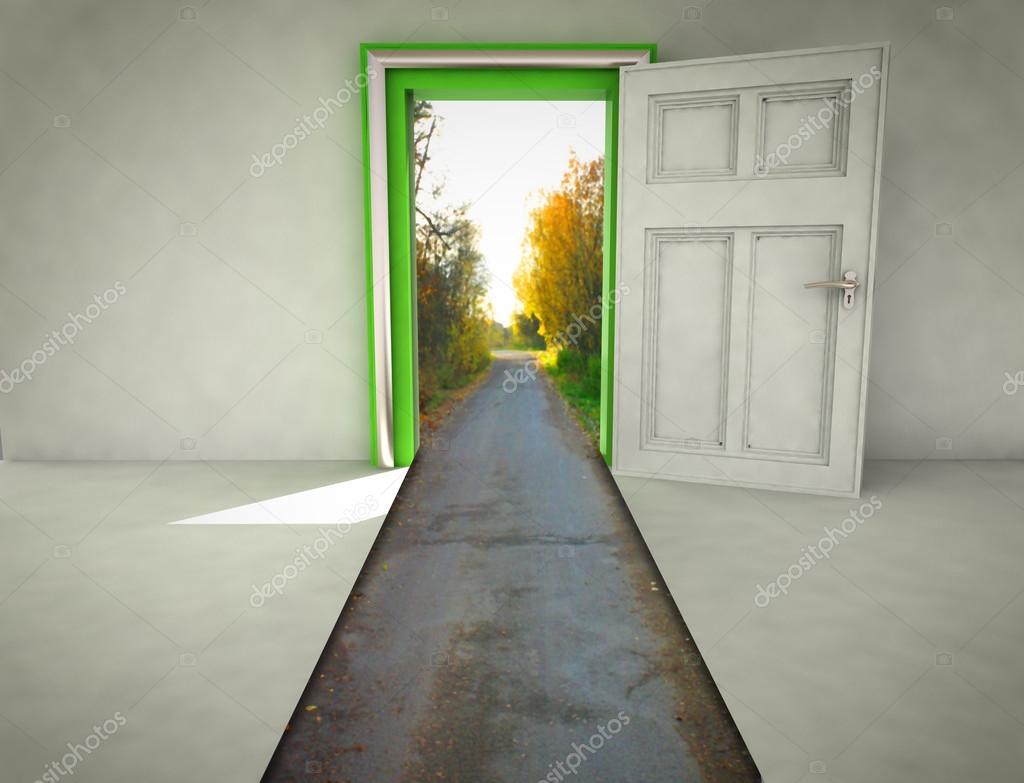 Open door with road way to autumn nature illustration — Stock Photo ...