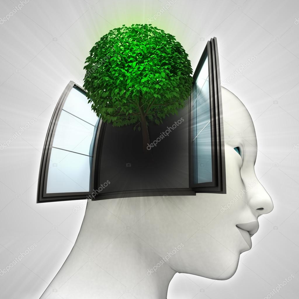 Leafy tree coming out or in human head through window ecological ...