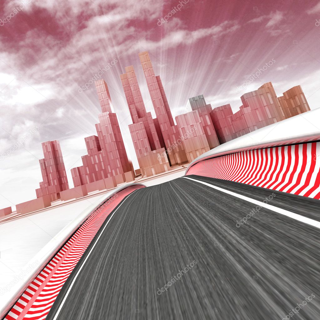 Race track leading to modern skyscraper city with sky in sunset render ...