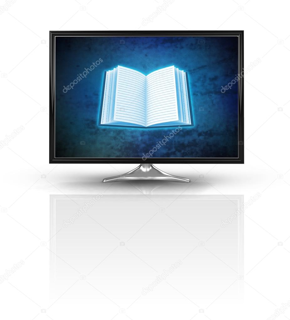 Magic book on blue new modern screen isolated on white — Stock Photo ...