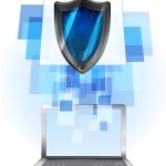 Paper cut Laptop protected with shield icon isolated on grey background ...