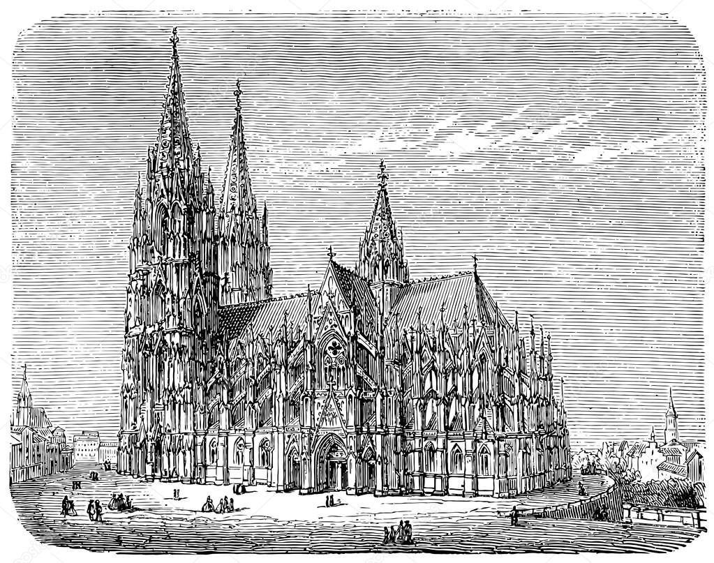 Old engravings. Shows the Cologne Cathedral (High Cathedral of Sts ...