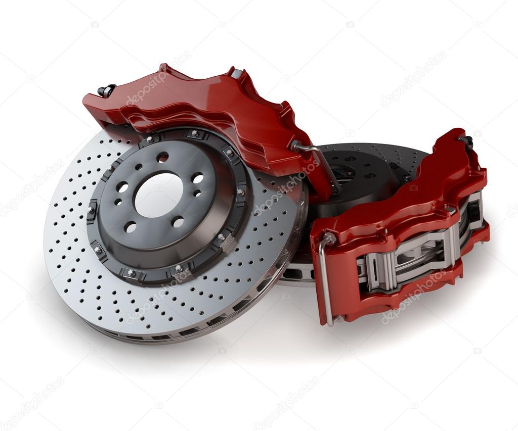 Brake Discs with Red Callipers from a Racing Car isolated on whi Stock ...