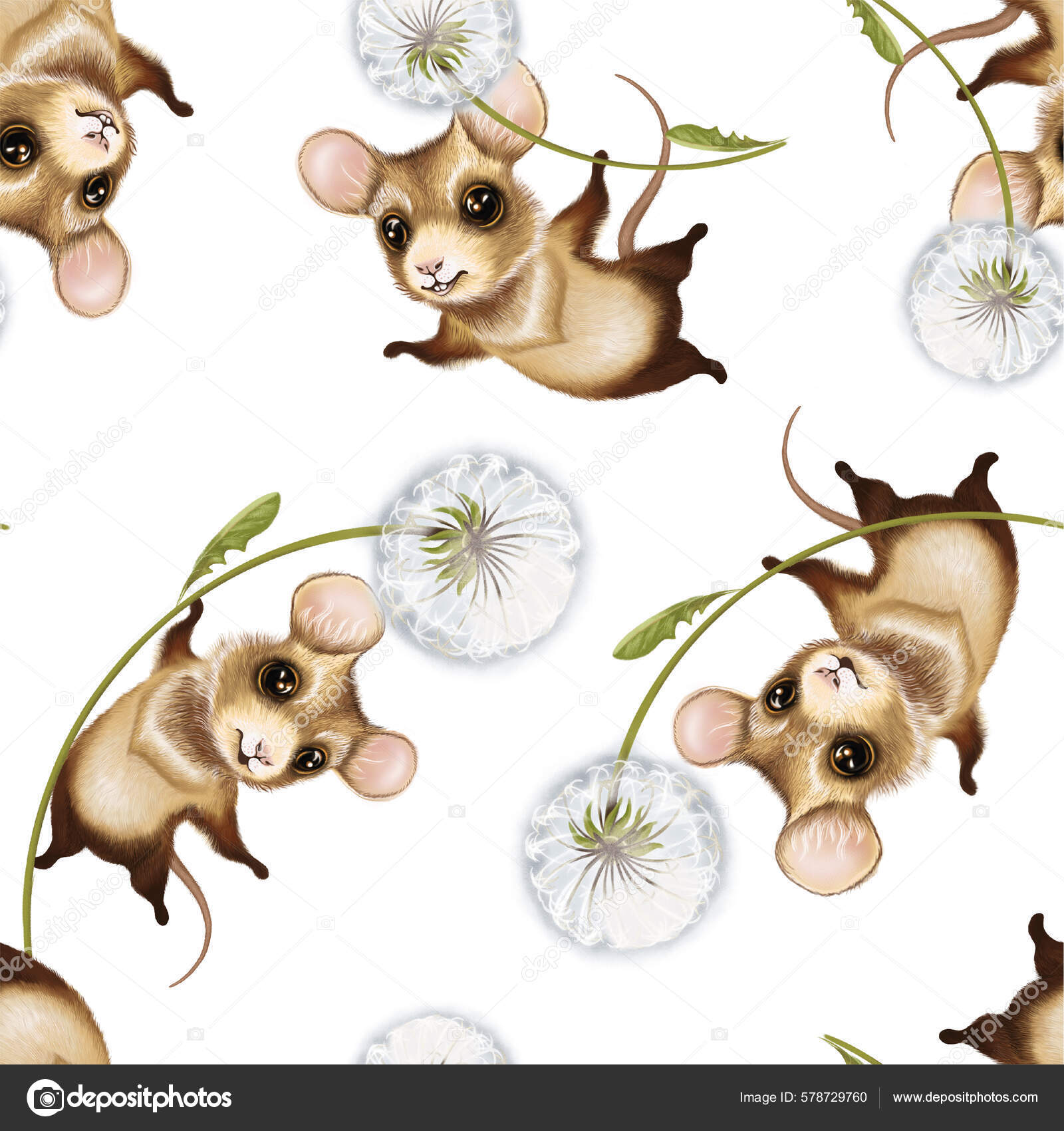 Seamless Repeat Pattern Cute Mice Dandelion White Background Suitable ...