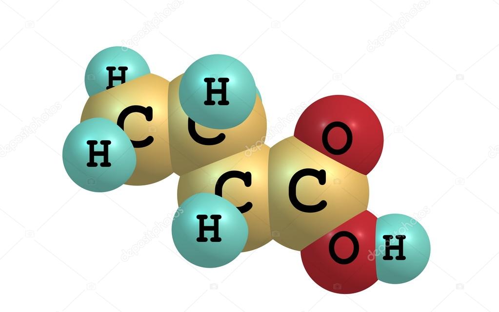 Molécula de ácido butírico (butanoico) aislada en blanco 2023