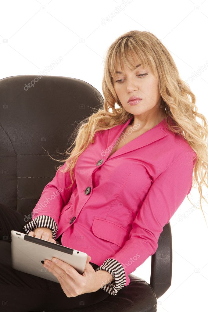 Woman hold tablet serious pink — Stock Photo © alanpoulson #21458585
