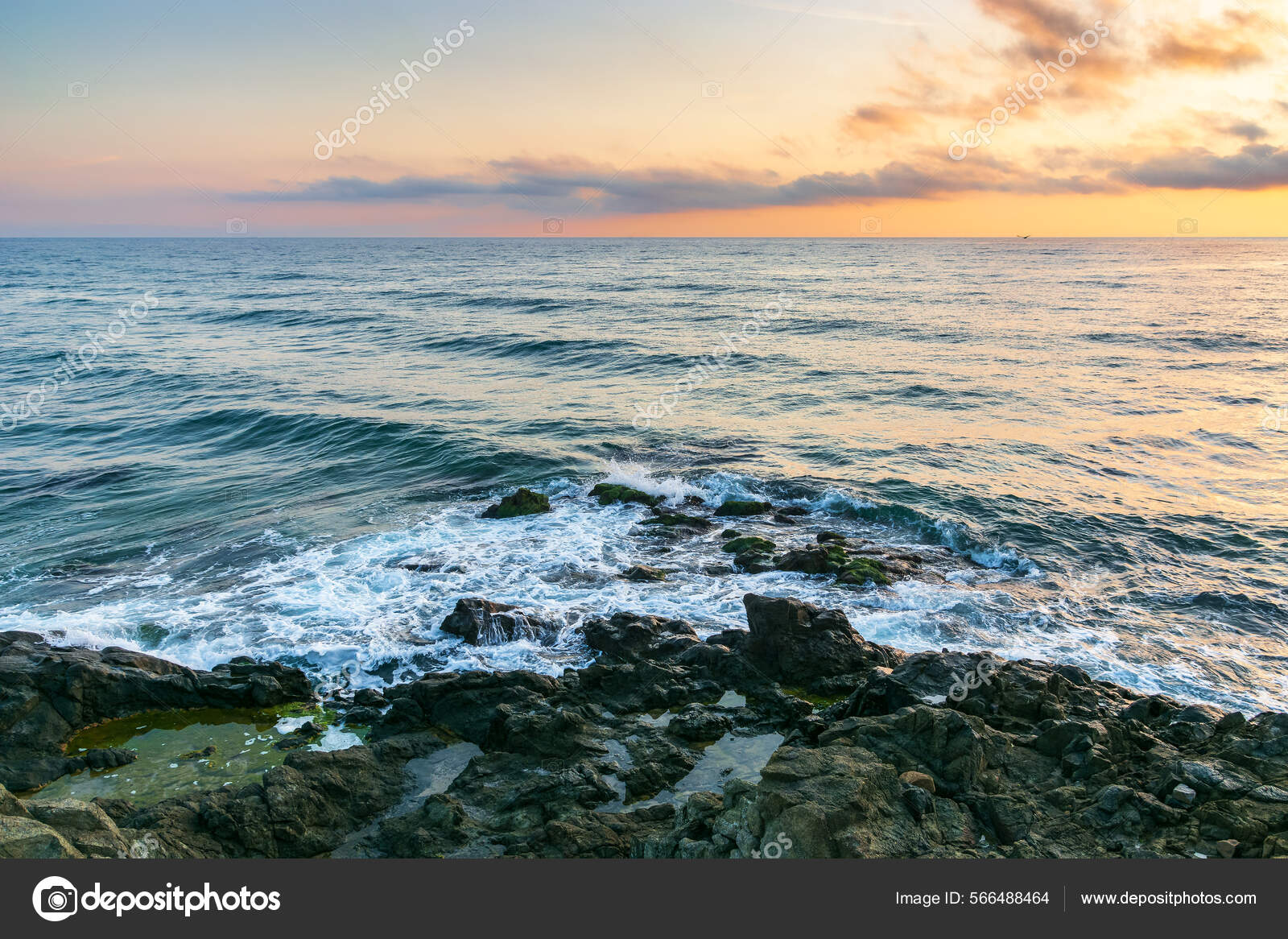 Calm Morning Sea Nature Scenery Rocky Coast Dawn Clouds Glowing Stock ...