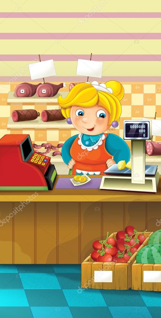 The shop illustration with different goods and a clerk Stock ...