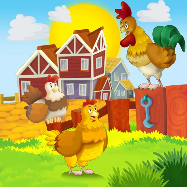 Cartoon farm scene with animal chicken bird having fun on white ...