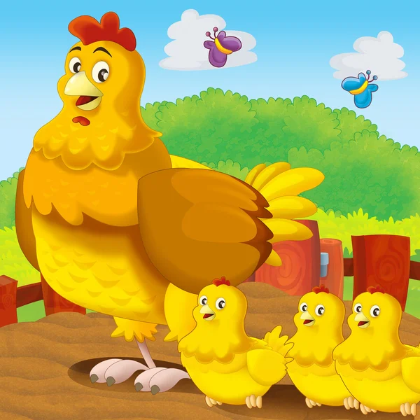 Cartoon Farm Scene Chicken Bird Illustration Children Stock Photo by ...