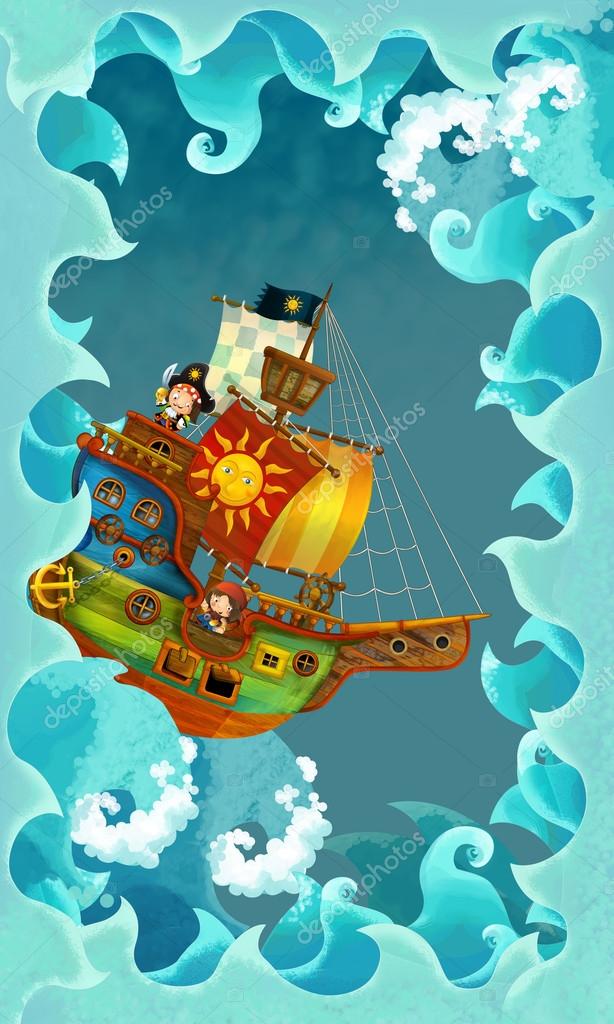 Artistic cartoon frame waves with pirate ship Stock Illustration by ...