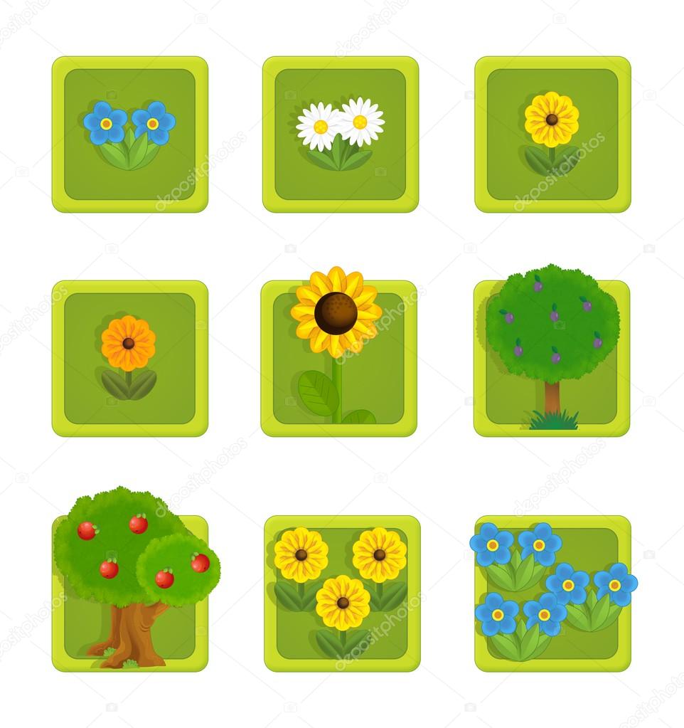 Flower and tree. Set of 9 glossy square web icons. Stock Illustration ...