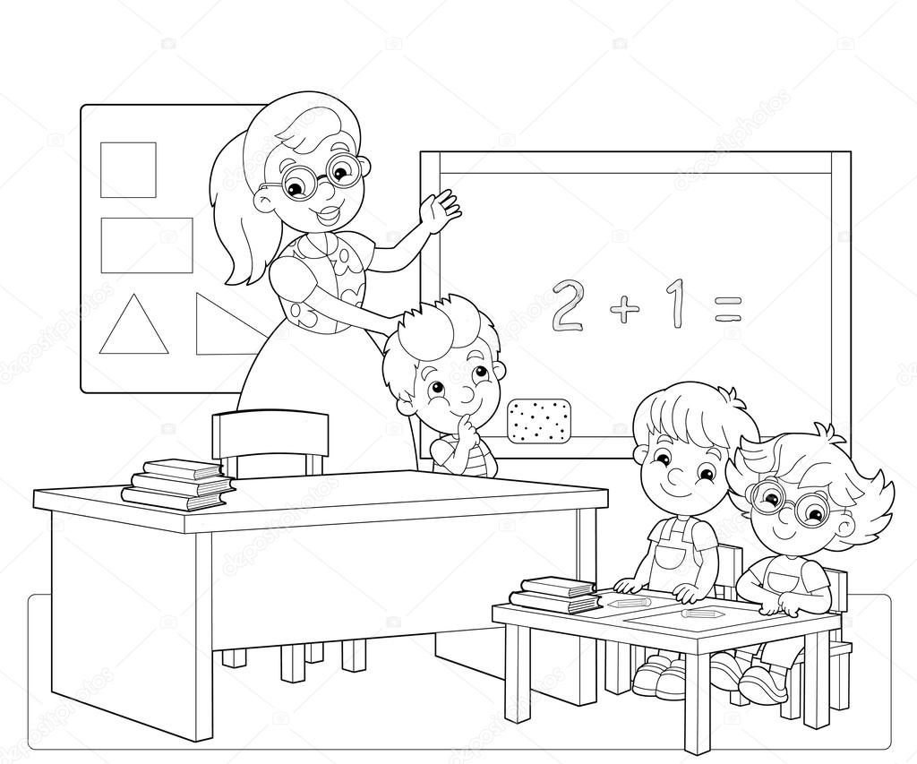 The coloring page - the classroom - illustration for the children Stock ...