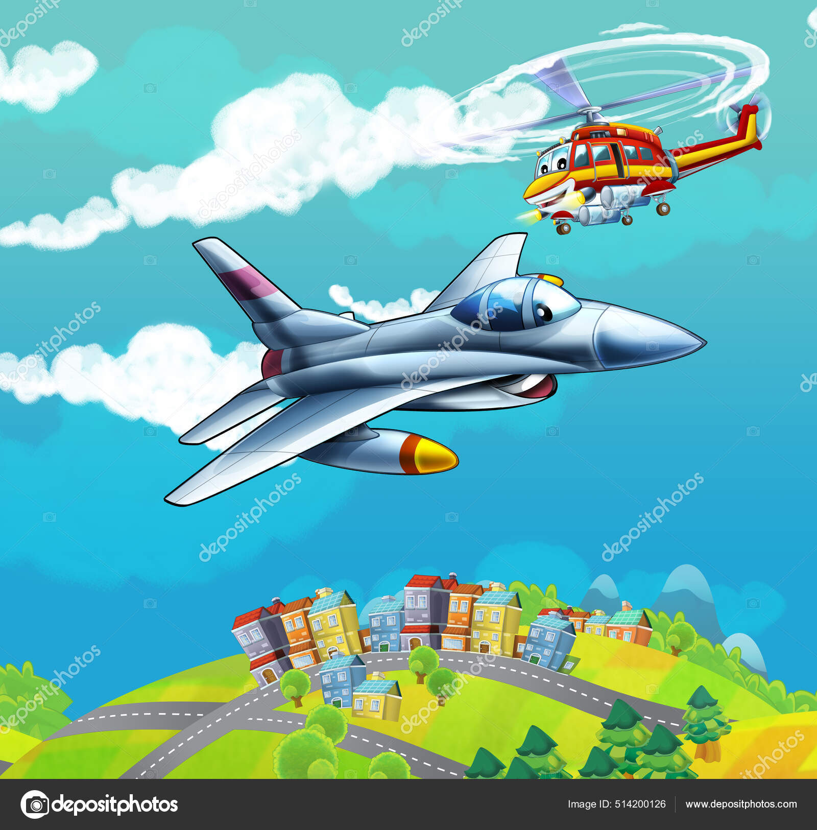 Cartoon Happy Scene Plane Helicopter Flying City Illustration Children ...