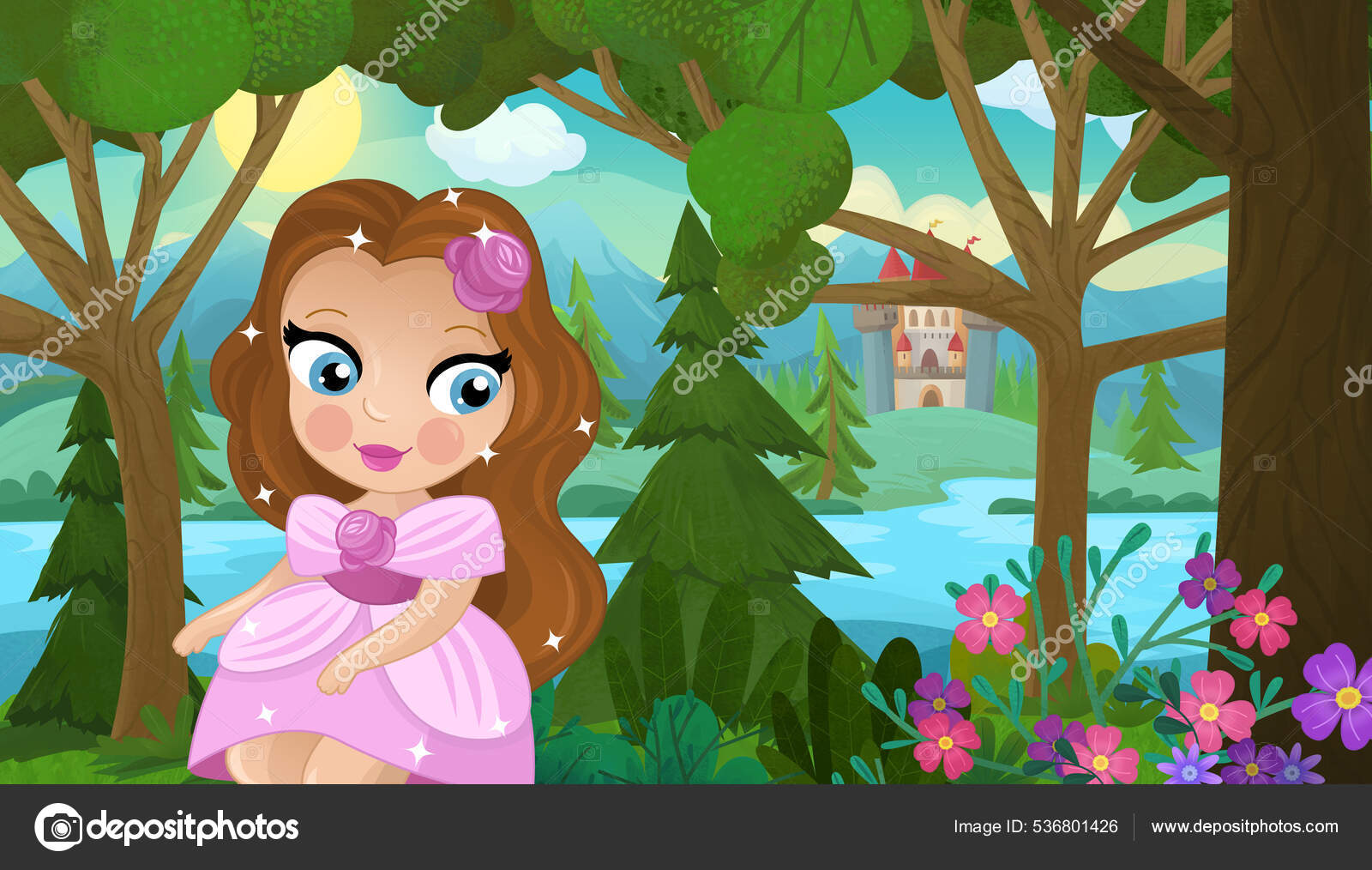Cartoon Scene Nature Forest Princess Castle Illustration Children Stock ...