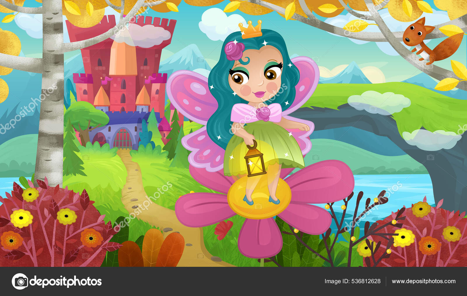 Cartoon Scene Nature Forest Princess Castle Illustration Children Stock ...