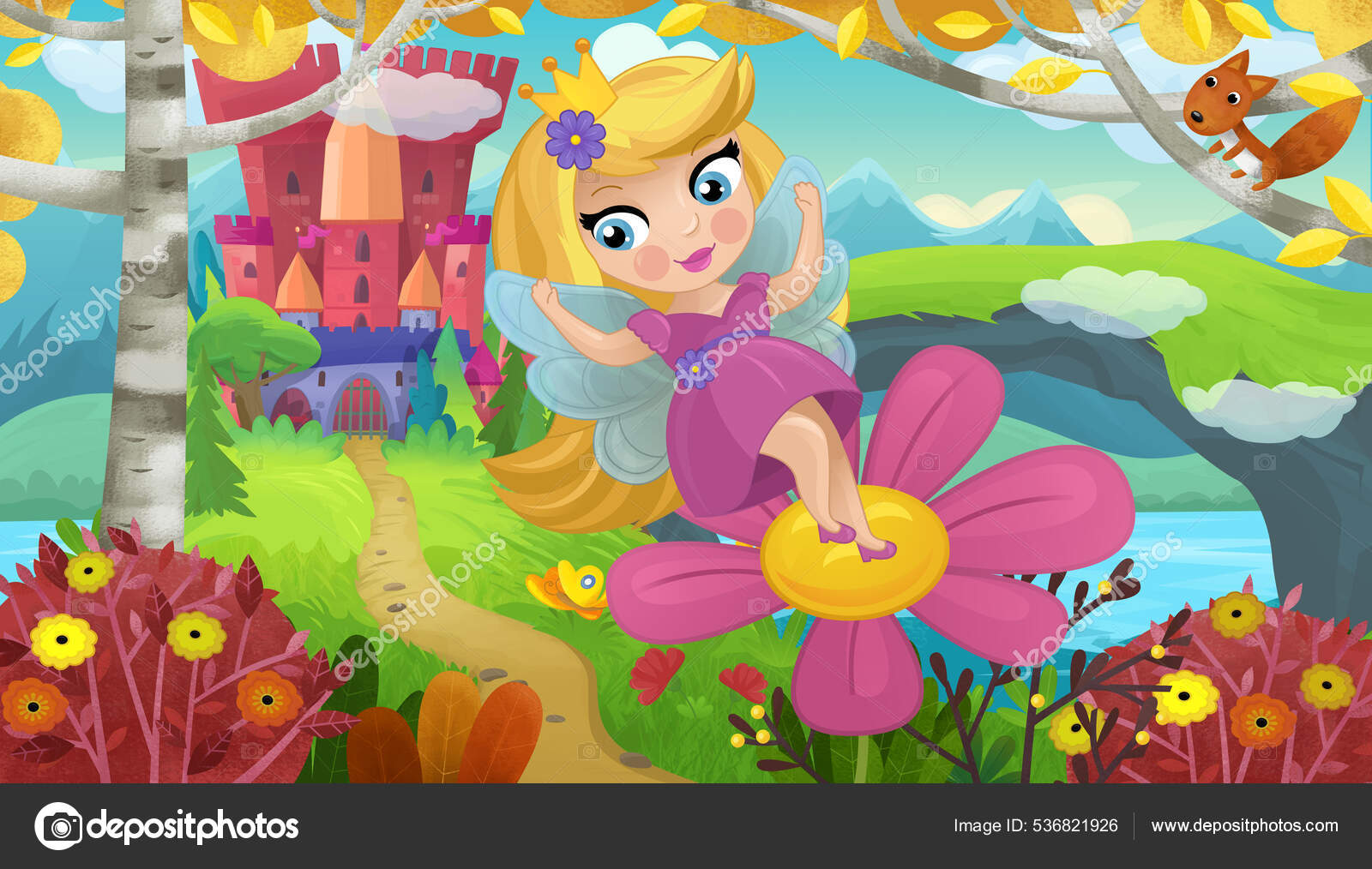 Cartoon Scene Nature Forest Princess Castle Illustration Children Stock ...