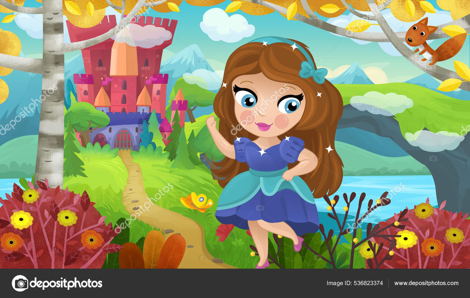 Cartoon Scene Nature Forest Princess Castle Illustration Children Stock ...