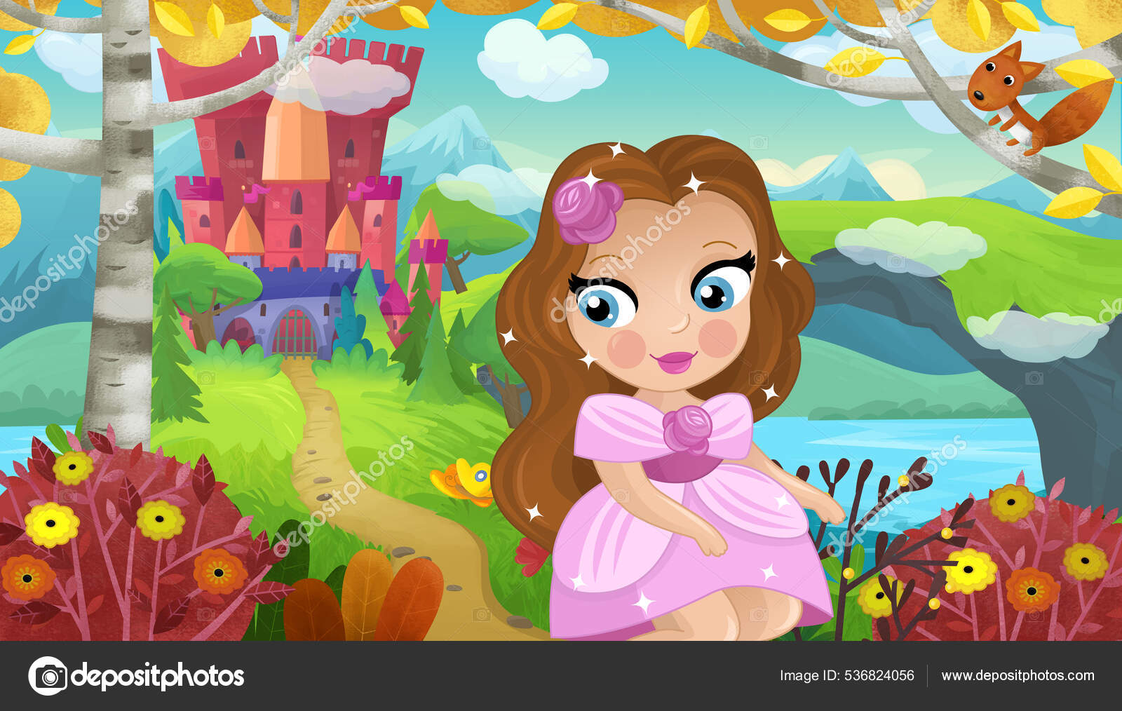 Cartoon Scene Nature Forest Princess Castle Illustration Children Stock ...