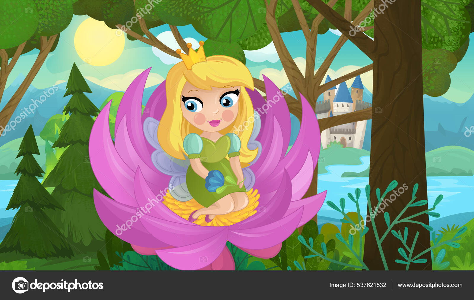 Cartoon Scene Nature Forest Princess Castle Illustration Children Stock ...