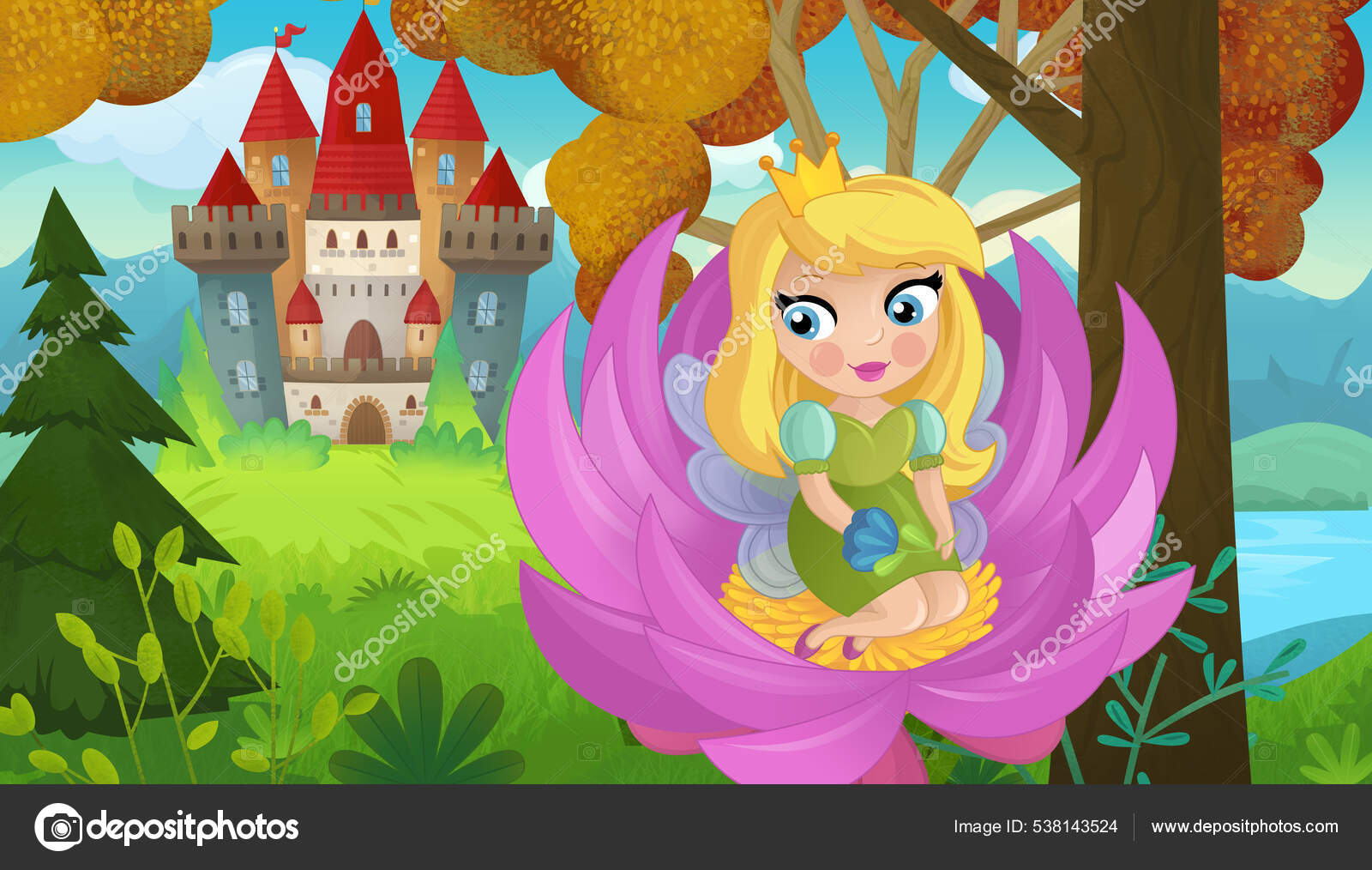 Cartoon Scene Nature Forest Princess Castle Illustration Children Stock ...