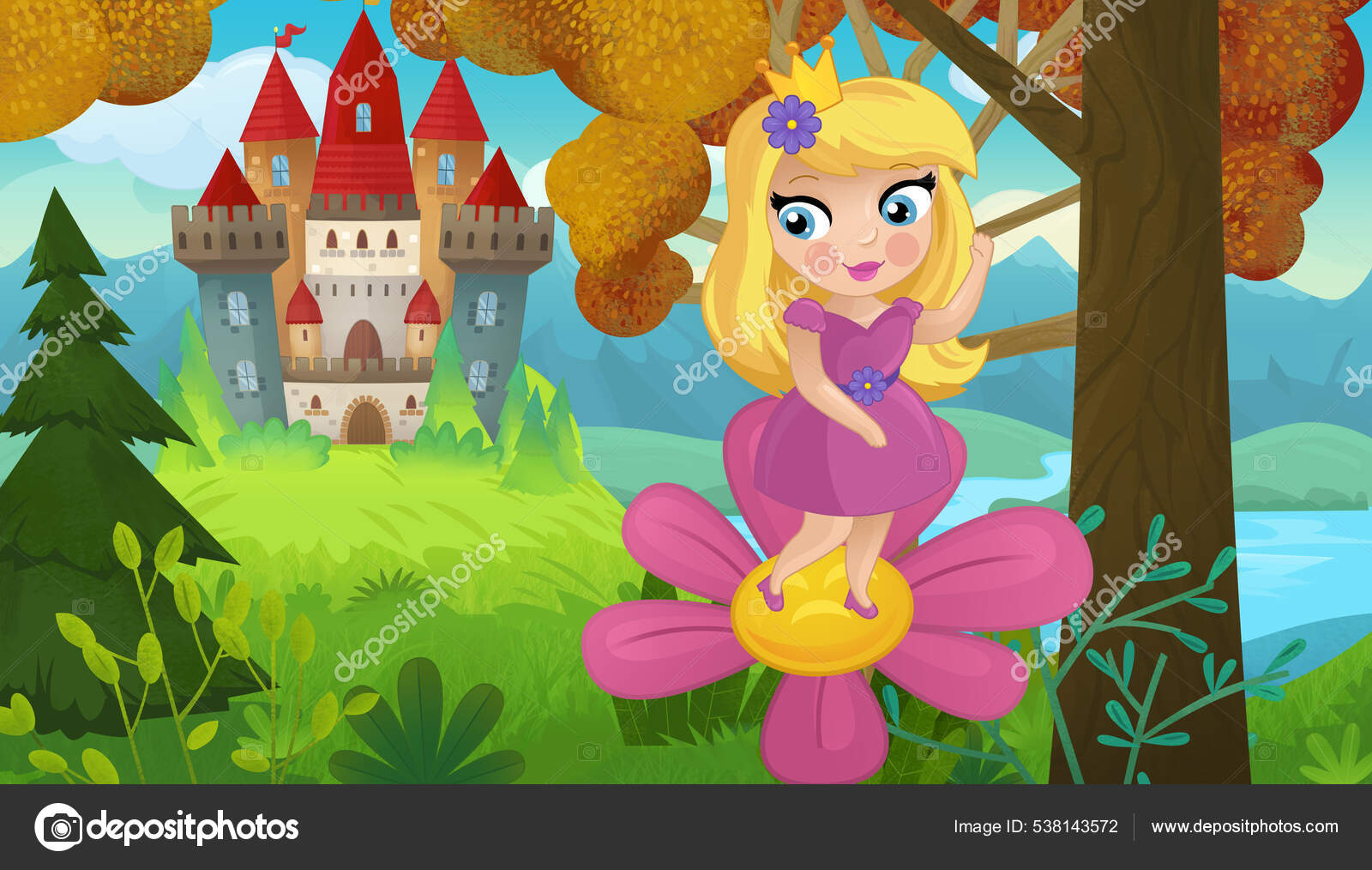 Cartoon Scene Nature Forest Princess Castle Illustration Children Stock ...